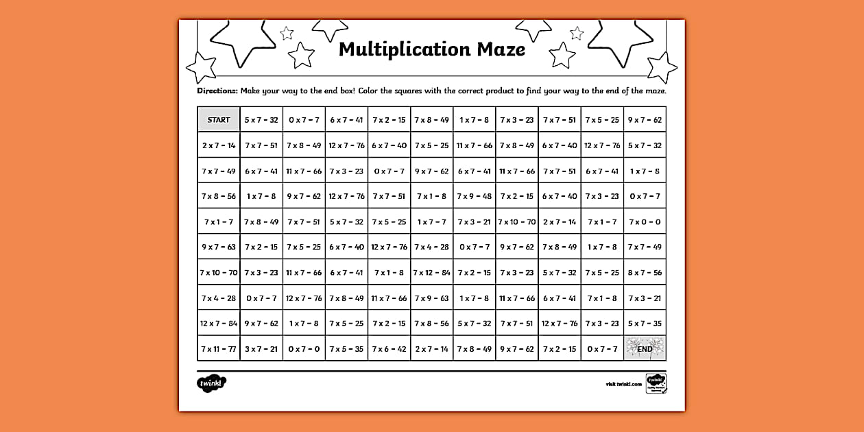 Math Multiplication Maze x 7 Activity for 3rd-5th Grade