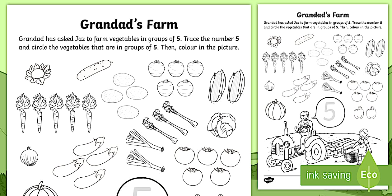 Grandad's Farm Number 5 Vegetable Picking Worksheet / Worksheet