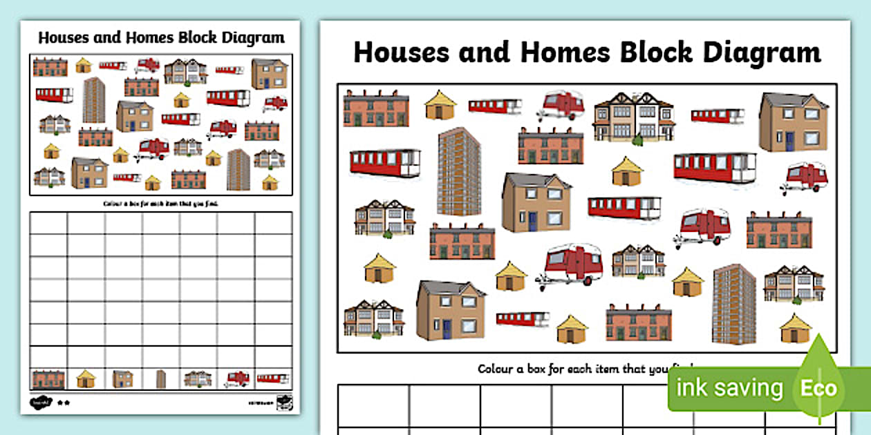 Black and White Houses and Homes Block Diagram Activity Sheet