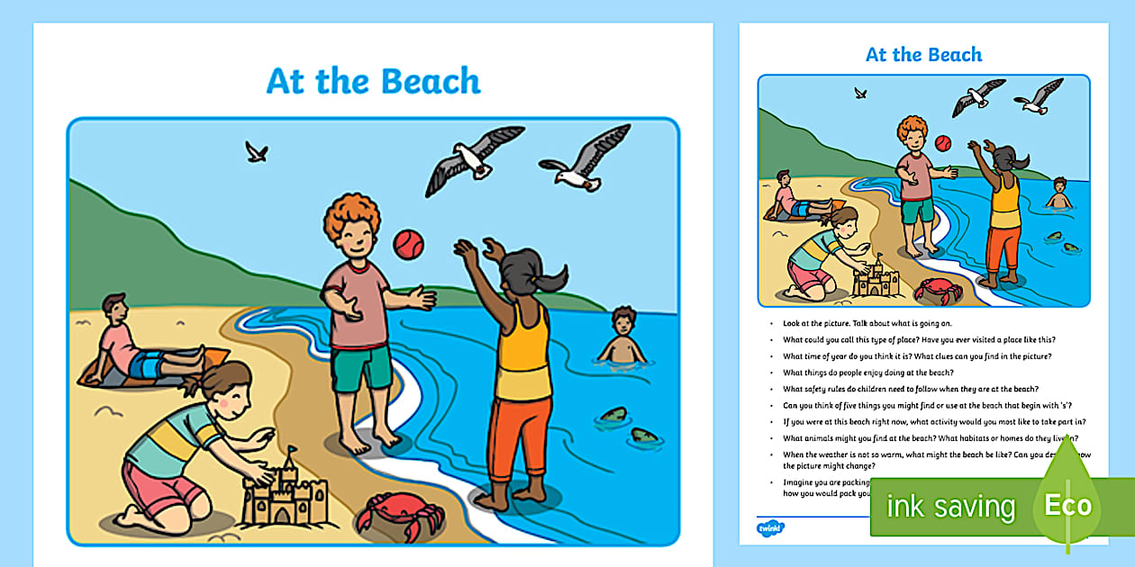 At the Beach Oral Language Worksheet / Worksheet - Twinkl