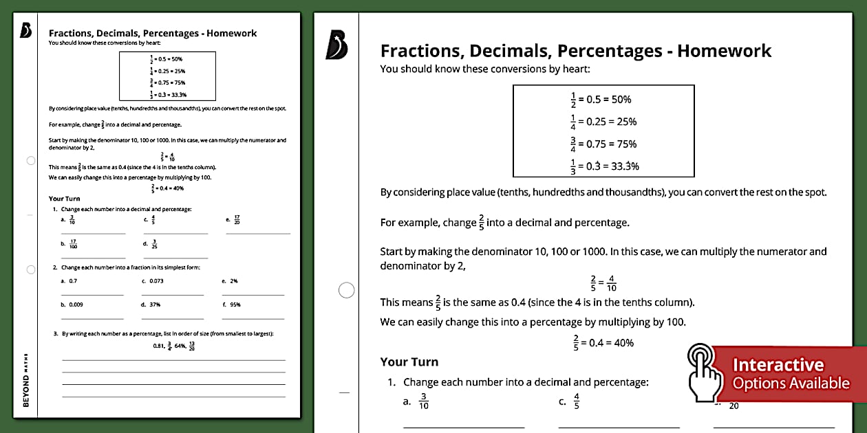 👉 Fractions, Decimals and Percentages Worksheet | KS3 Maths