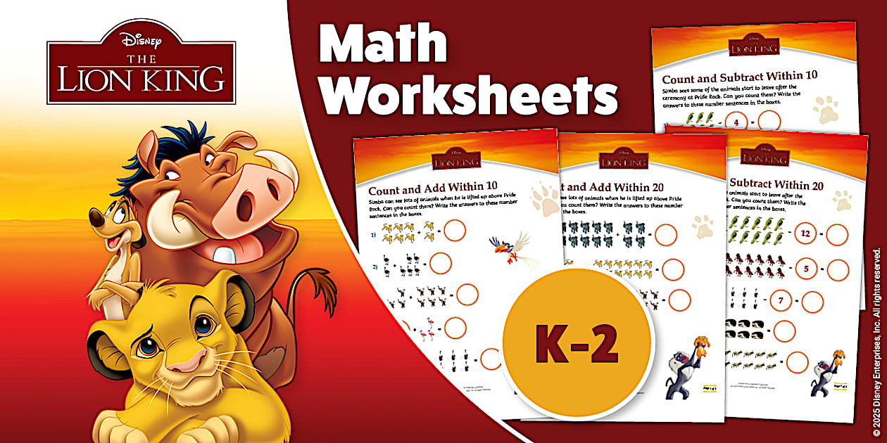 The Lion King: Count, Add, Subtract Worksheets for K-2