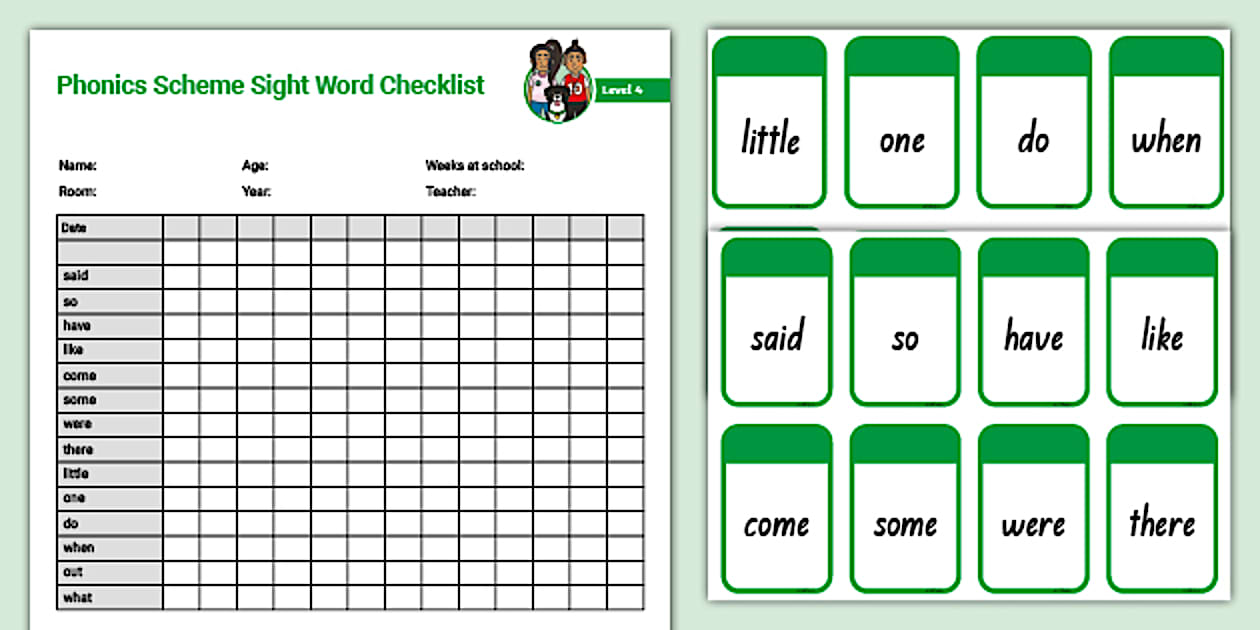 Level 4: Phonics Scheme Sight Word Cards and Checklist