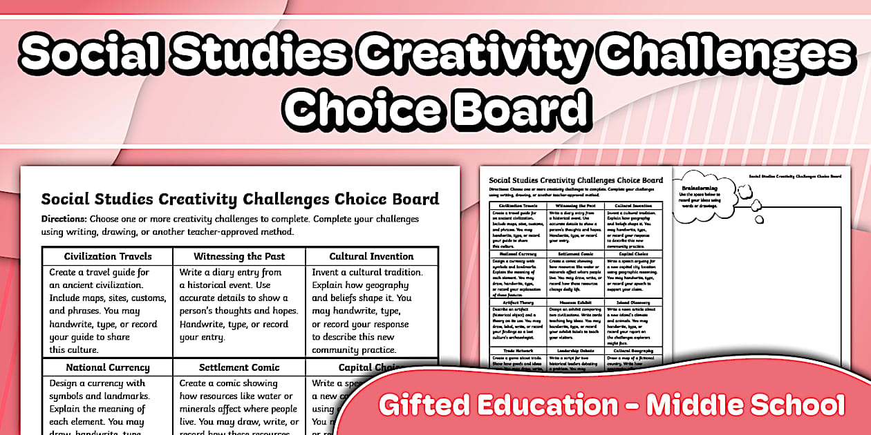 Social Studies Creativity Challenges Choice Board for Gifted