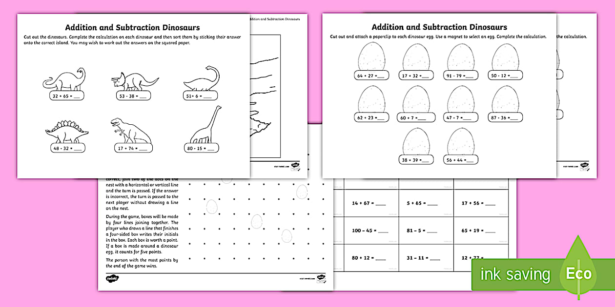 KS1 Addition and Subtraction Facts within 100 Dinosaur-Themed Activity ...