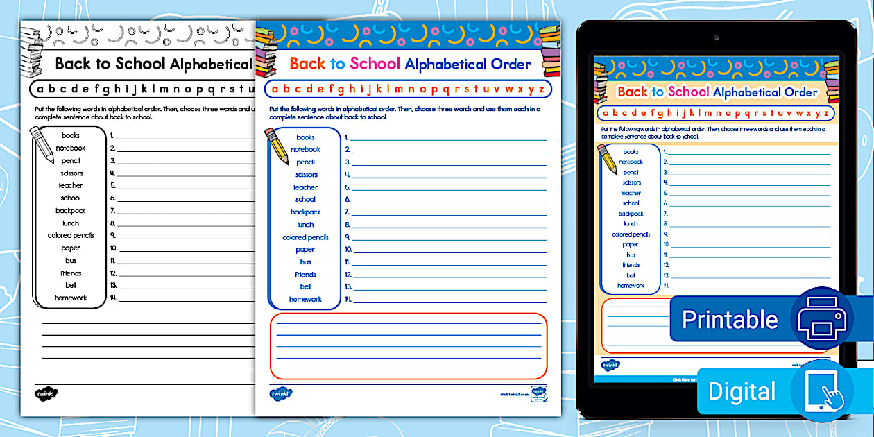 Back-To-School Alphabetical Order Worksheet for ELL - Twinkl