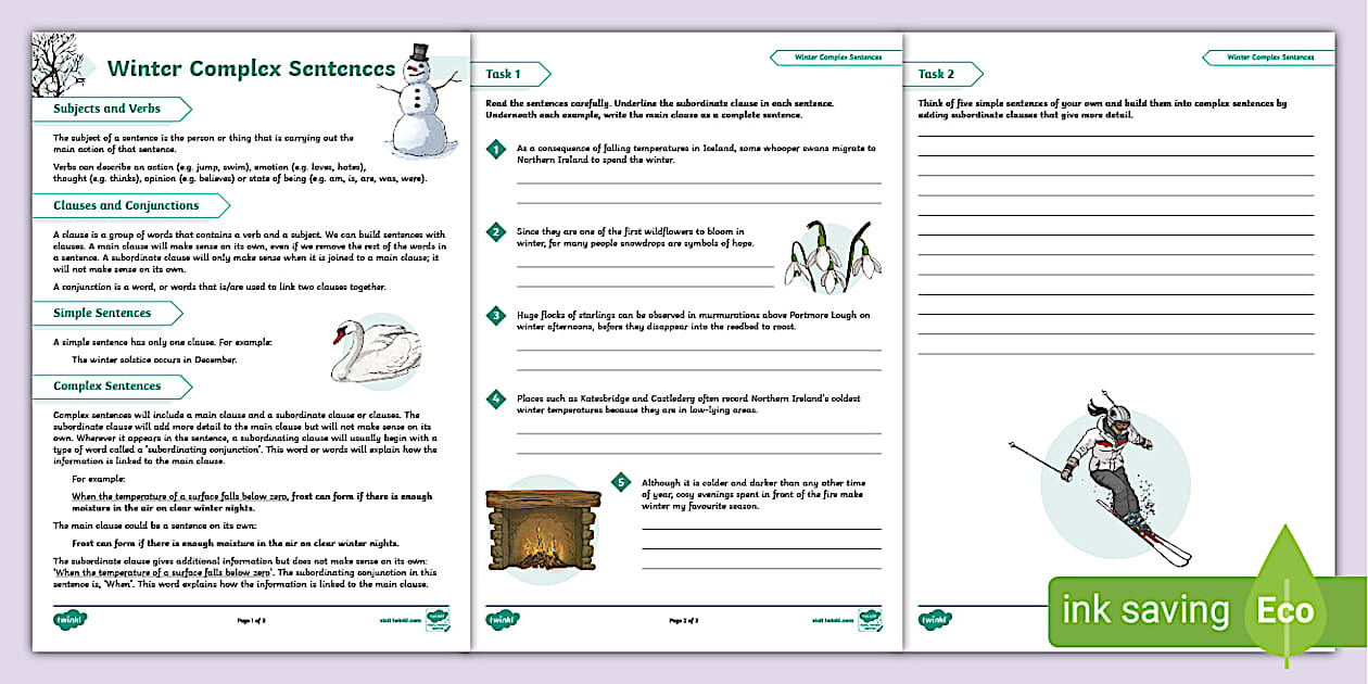 Complex Sentences Activity Sheets Winter (teacher made)