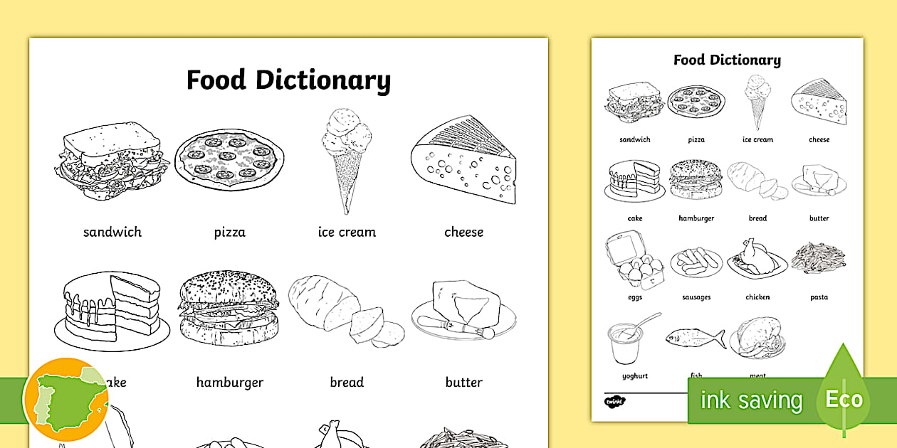 A1 Diccionario para colorear: La comida en inglés - Twinkl