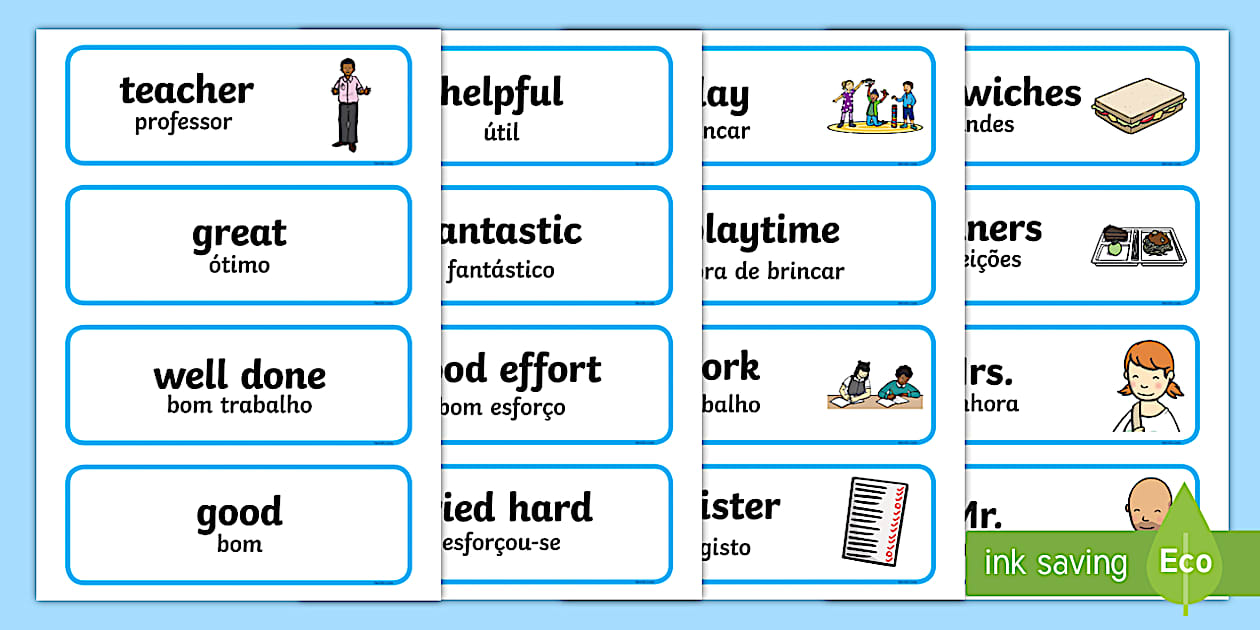 School Role Play Teacher Word Cards English/Portuguese - School Role Play