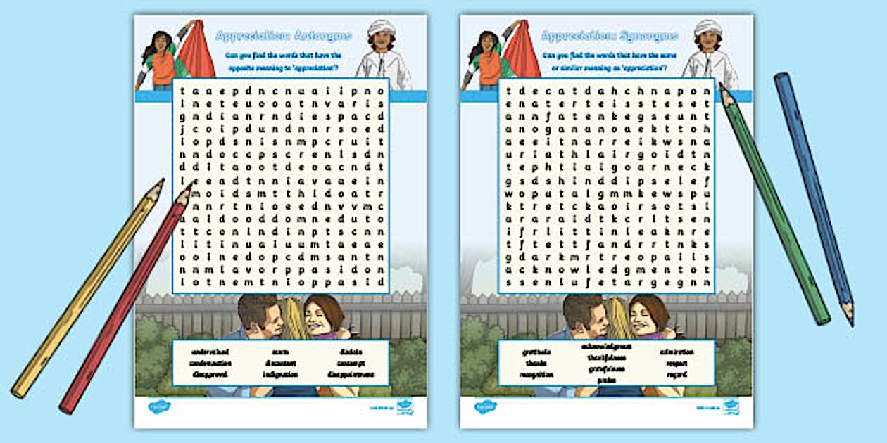 Synonym and Antonym Word Search - Appreciation - Twinkl