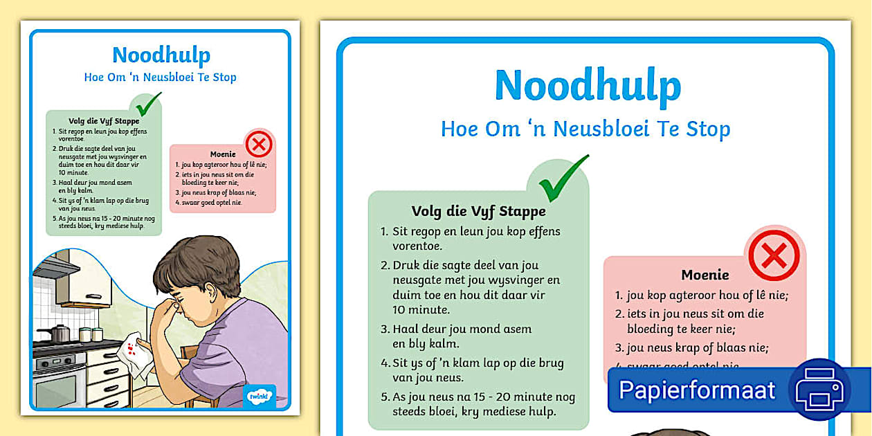 Hoe Om 'n Neusbloei Te Stop Noodhulp Plakkaat (teacher made)
