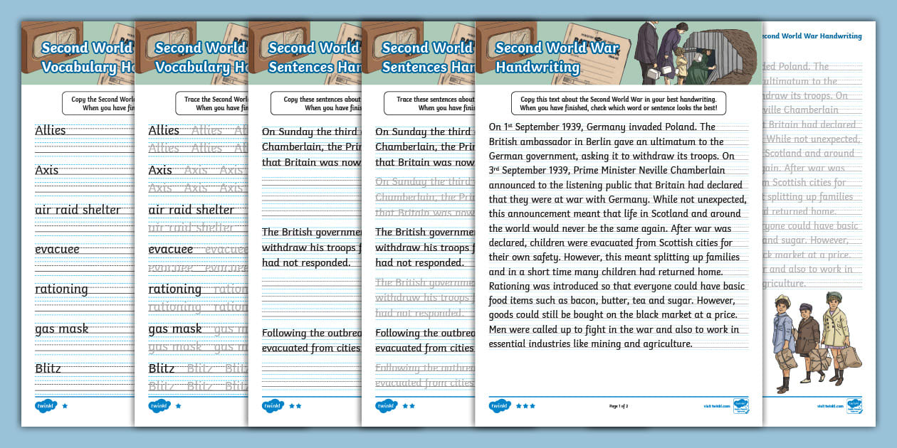 Second World War Differentiated Handwriting Activity Sheets