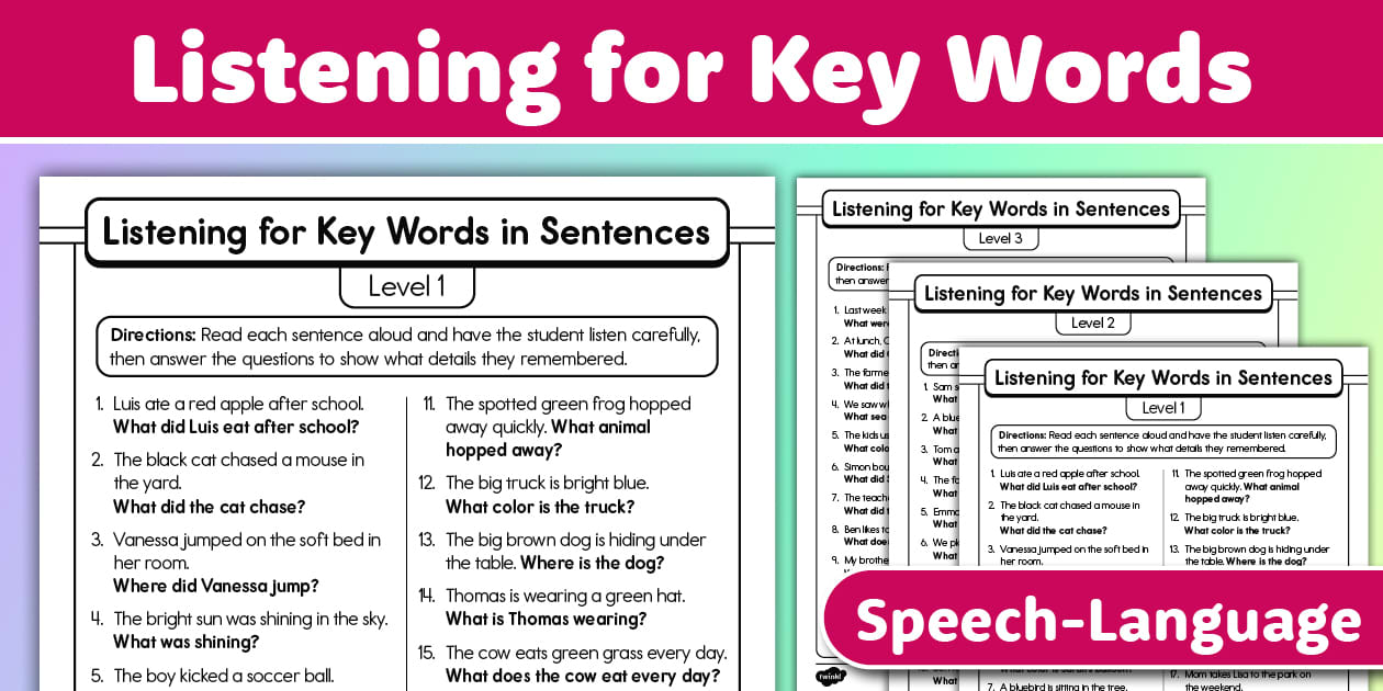 Listening for Key Words in Sentences Worksheet for SLP