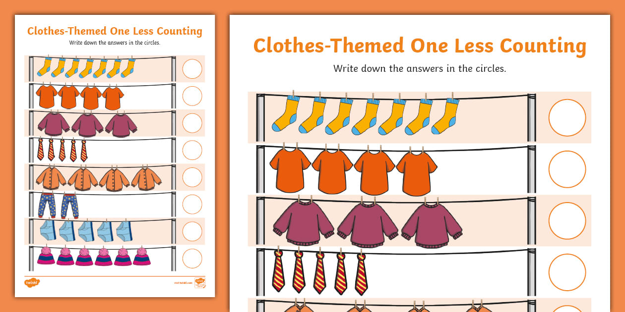 Clothes One Less Counting Sheet - Maths Activity - Twinkl