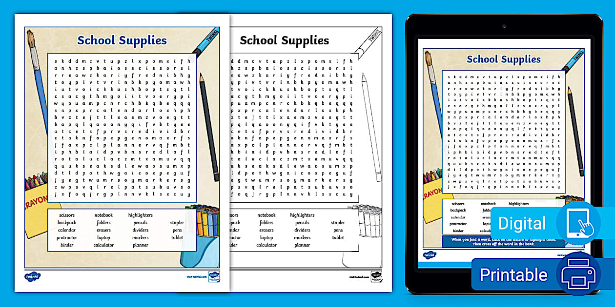 School Supplies Word Search for 6th-8th Grade - Twinkl