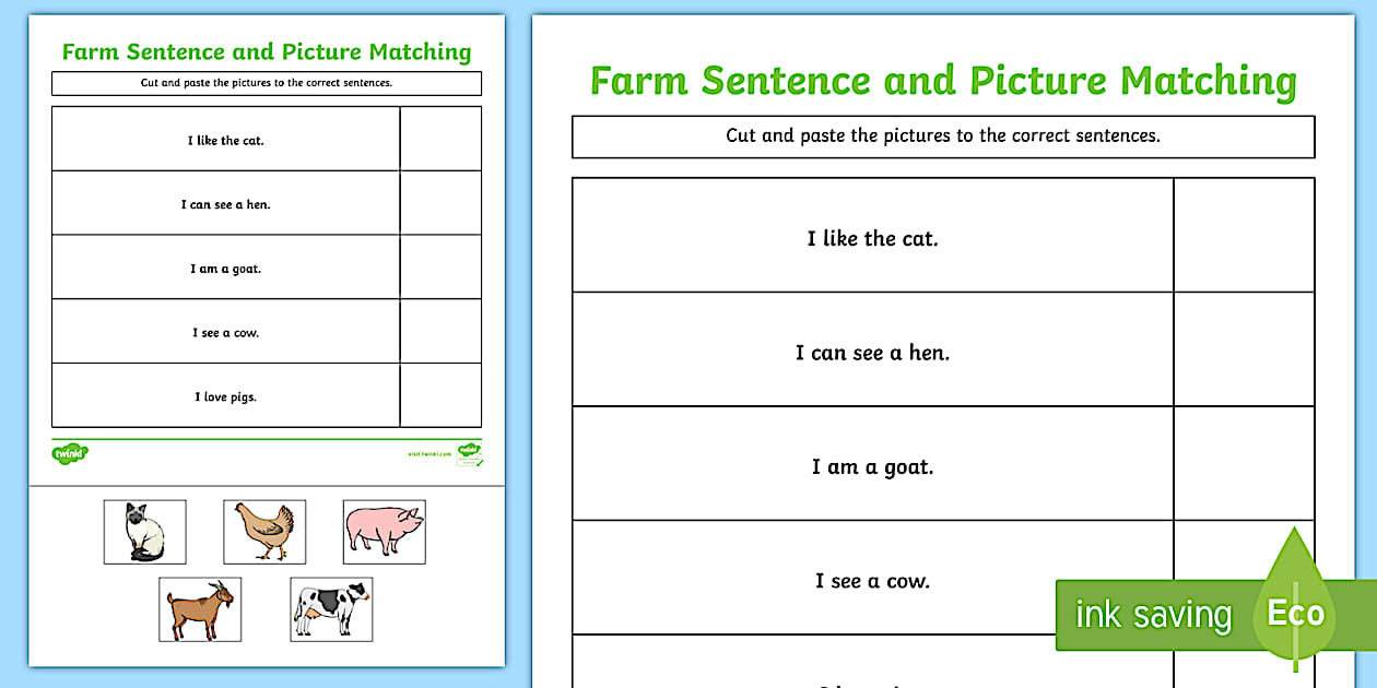 Precursive Farm Sentence and Picture Matching Worksheet