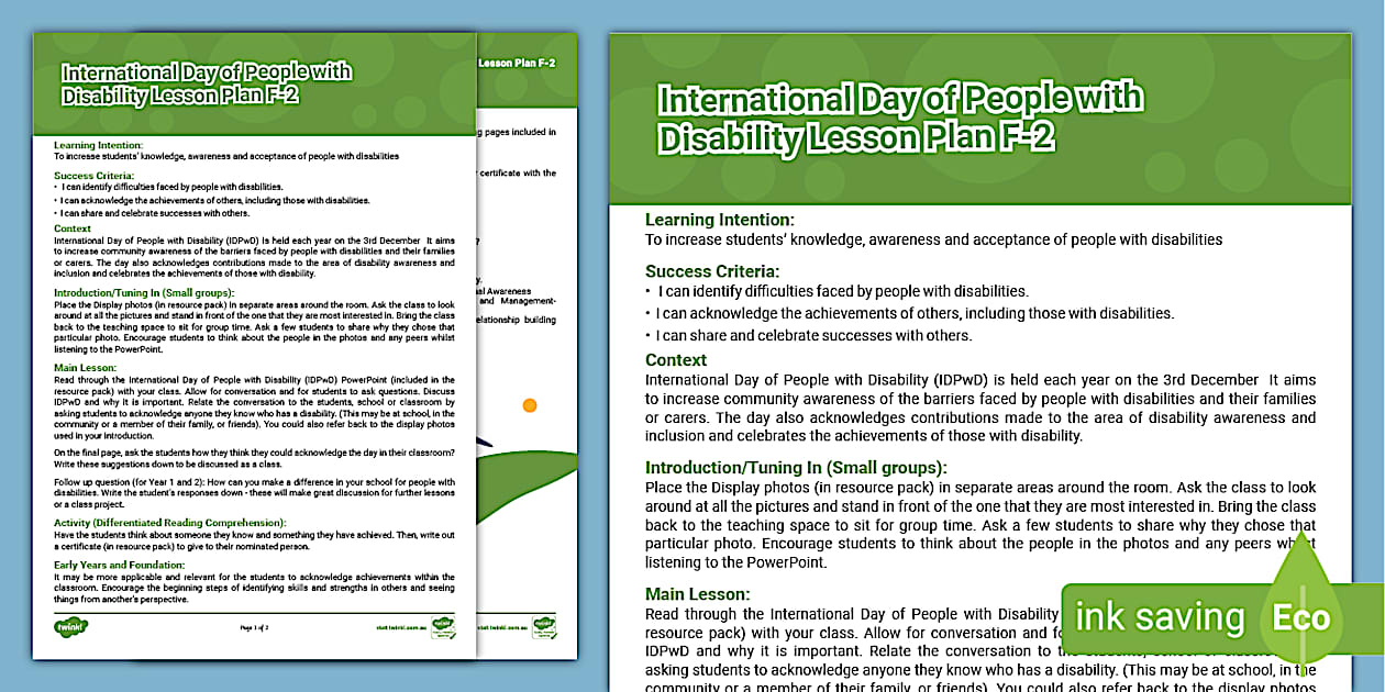 International Day of People with Disability Lesson Plan F-2