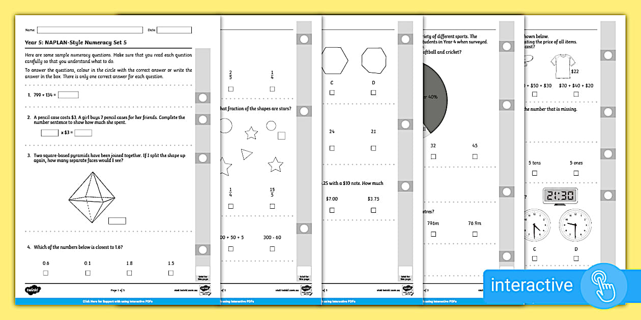 Year 5 NAPLAN-Style Interactive PDF Numeracy Tests - Set 5