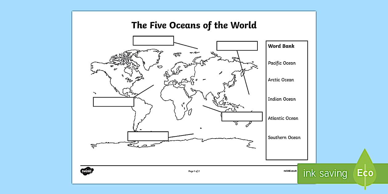 Five Oceans on World Map | Oceans Map | Labelling Activity