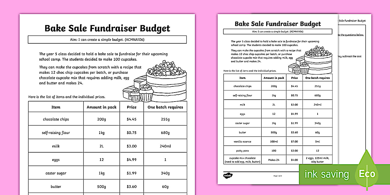 Bake Sale Fundraiser Budget Worksheet / Worksheet - Twinkl