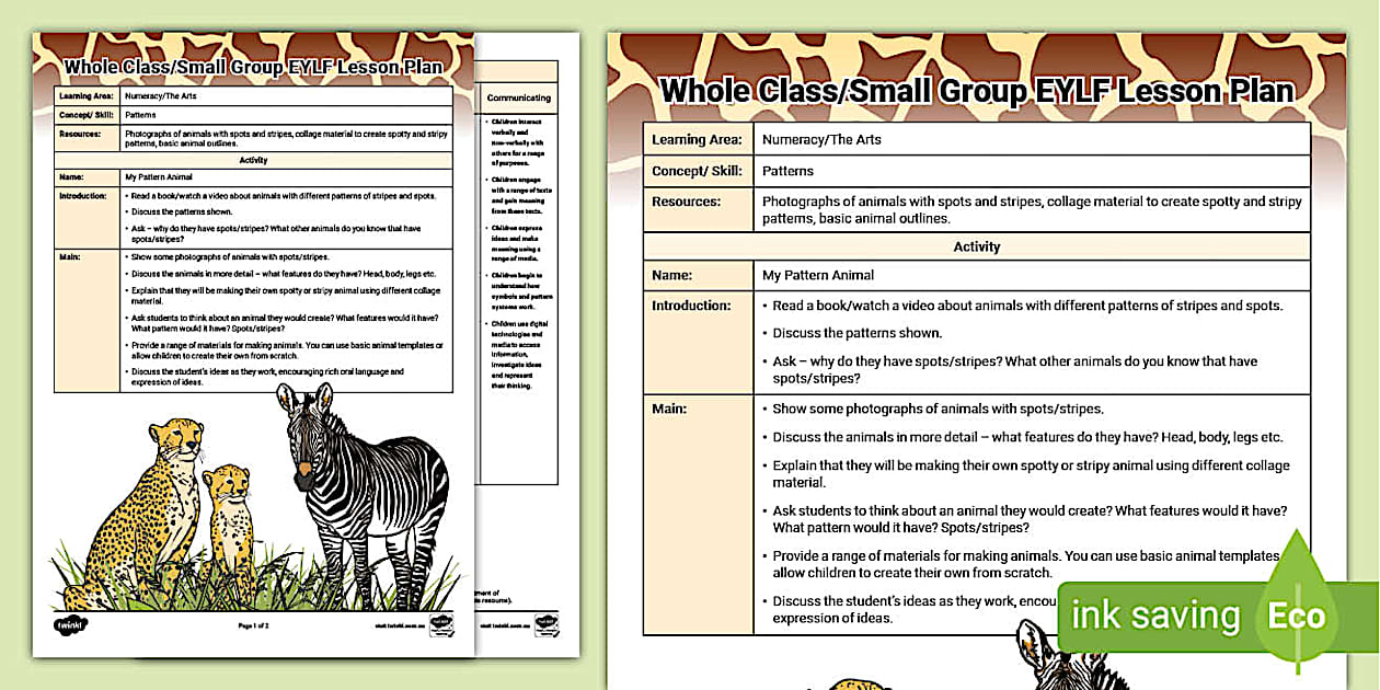 Pattern Animals Whole Group EYLF Lesson Plan - Twinkl