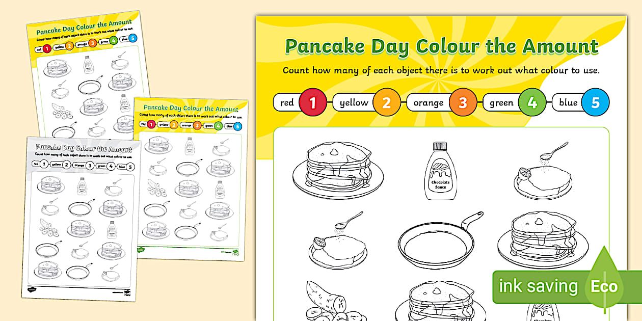 👉 Pancake Day Colour the Amount Worksheet (teacher made)
