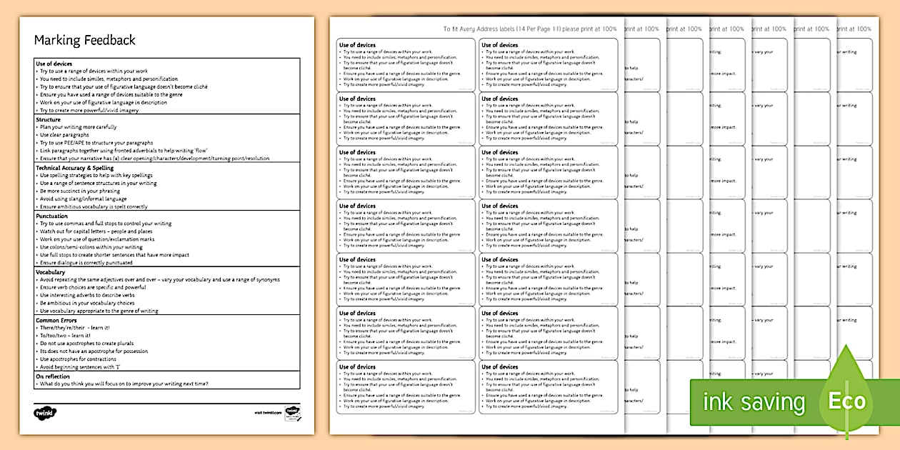 GCSE Secondary Marking Feedback Strips Worksheet / Worksheets - Marking