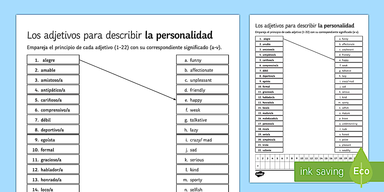 Adjectives for Personality Description Matching Worksheet / Worksheet ...