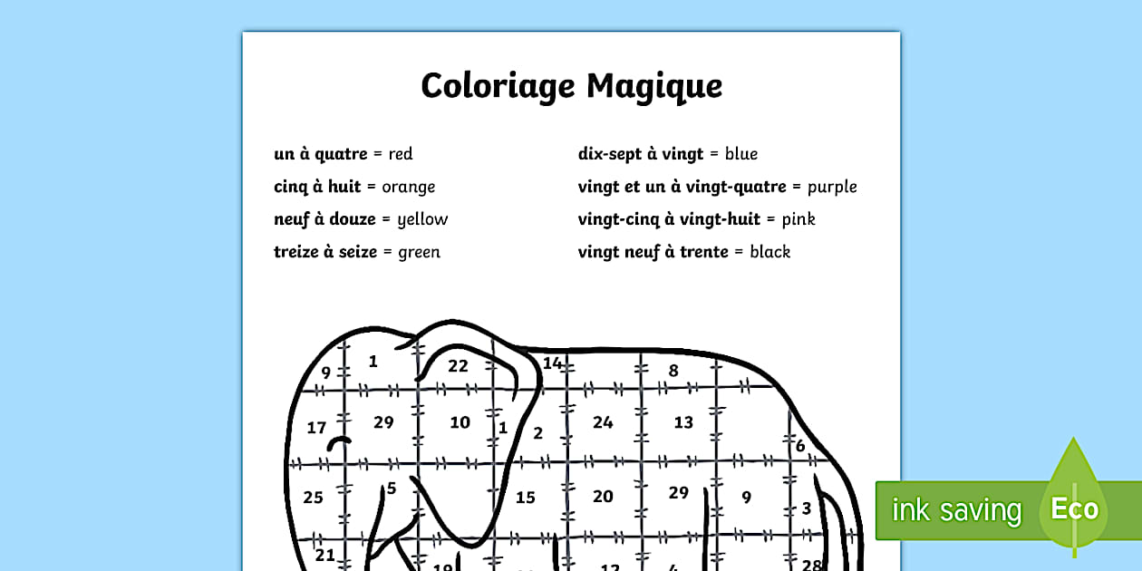 Editable Patchwork Elephant Colour By Numbers to 30 French Activity