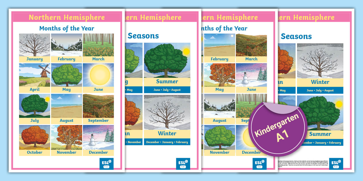 ESL Months and Seasons Posters [Kindergarten, A1] - Twinkl