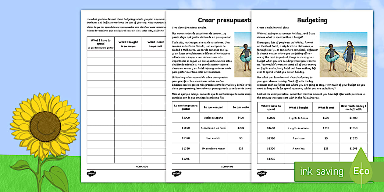 Budgeting for a Summer Holiday Money Worksheet / Worksheet English/Spanish