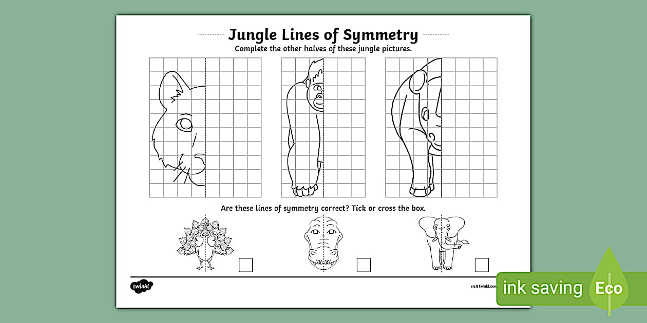 👉 Jungle-Themed Lines of Symmetry Worksheet - Twinkl - KS1