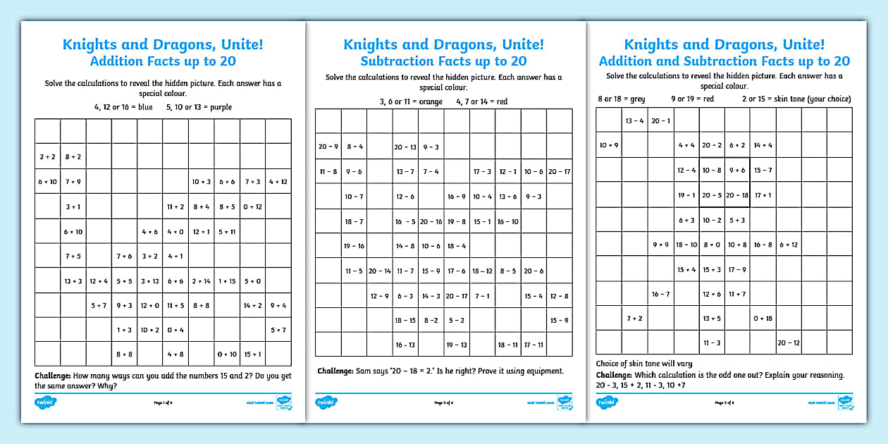 👉 Knights and Dragons, Unite! Themed Addition and Subtraction Facts ...