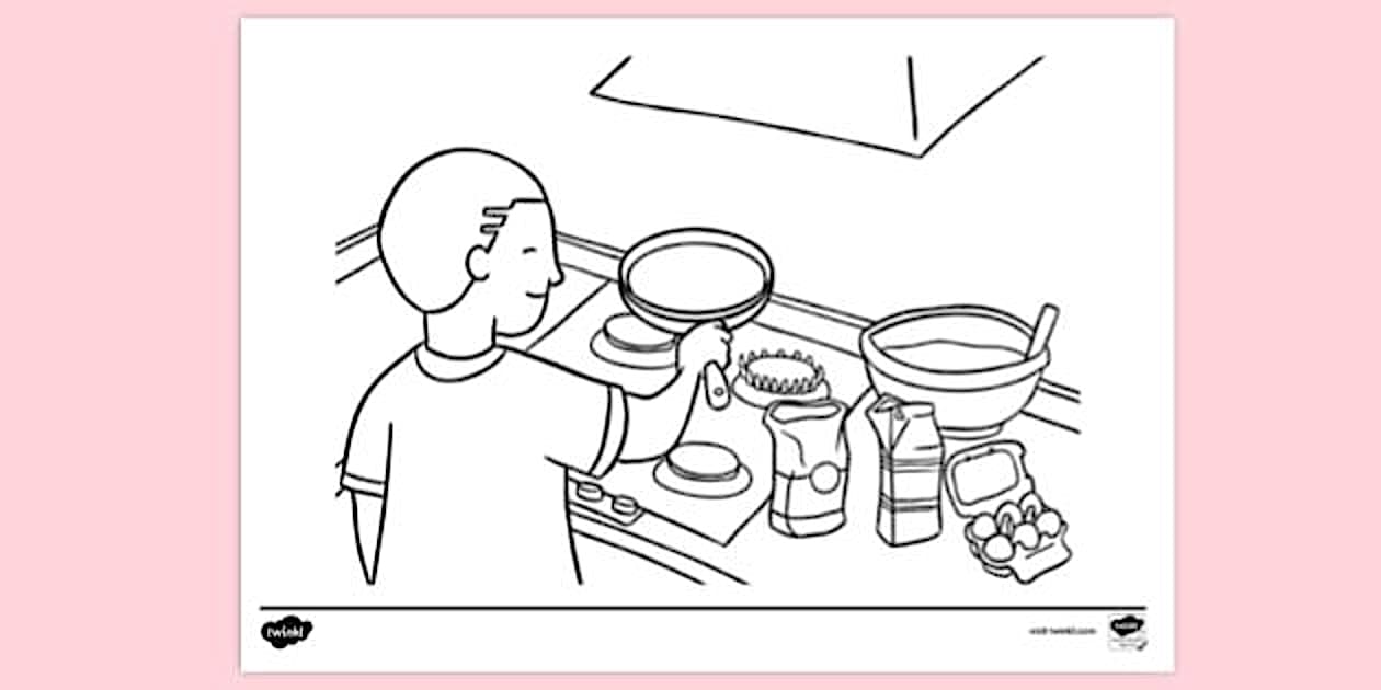 Teenage Boy Cooking a Pancake Colouring Sheet | Colouring Sheets