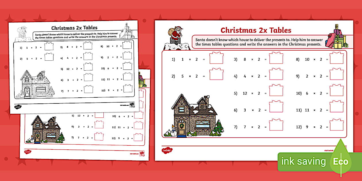 Christmas 2x Tables Worksheet (teacher made) - Twinkl
