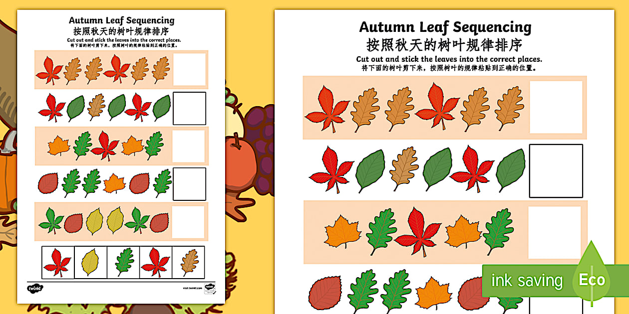 Autumn Leaf Sequencing Worksheet / Worksheet English/Mandarin Chinese ...