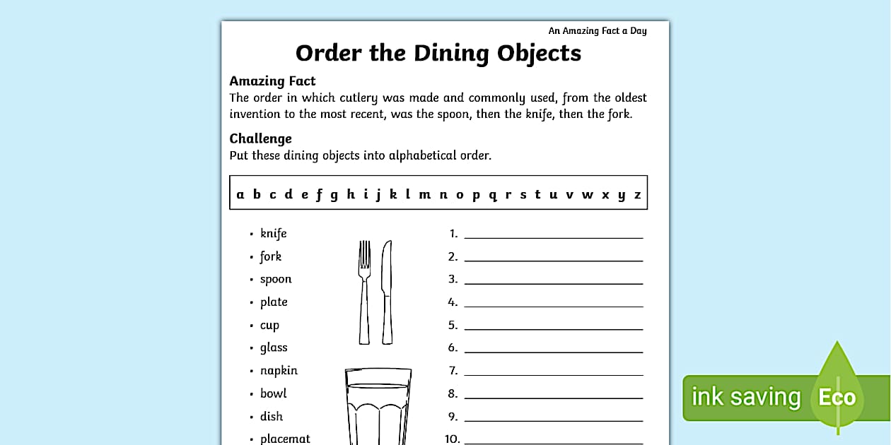 Dining Objects Alphabetical Order Worksheet / Worksheet