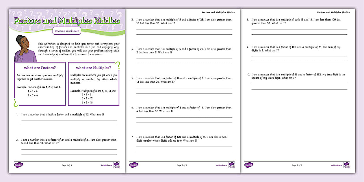 Factors and Multiples Riddles Revision Worksheet - Twinkl