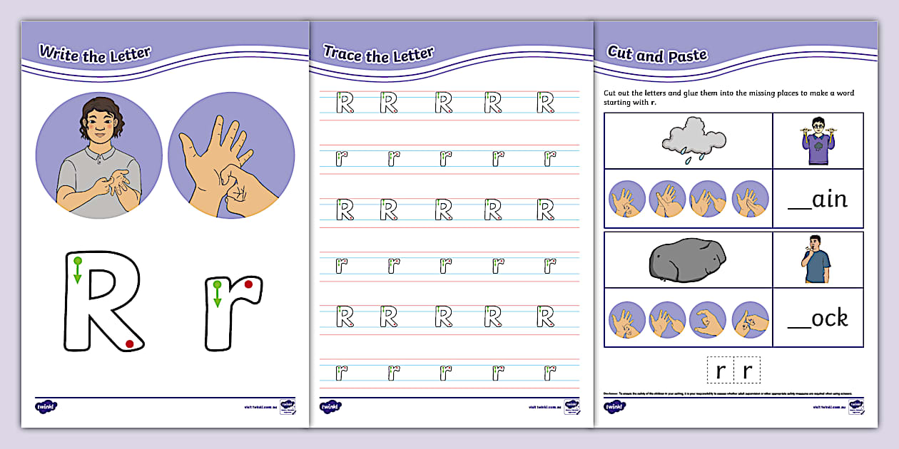 Letter R Handwriting Worksheets with Auslan (teacher made)