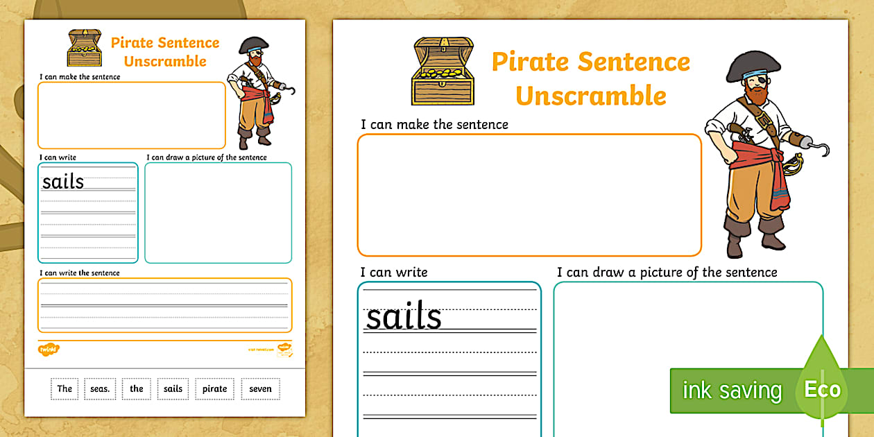 Pirate Sentence Unscramble Worksheets (teacher made)
