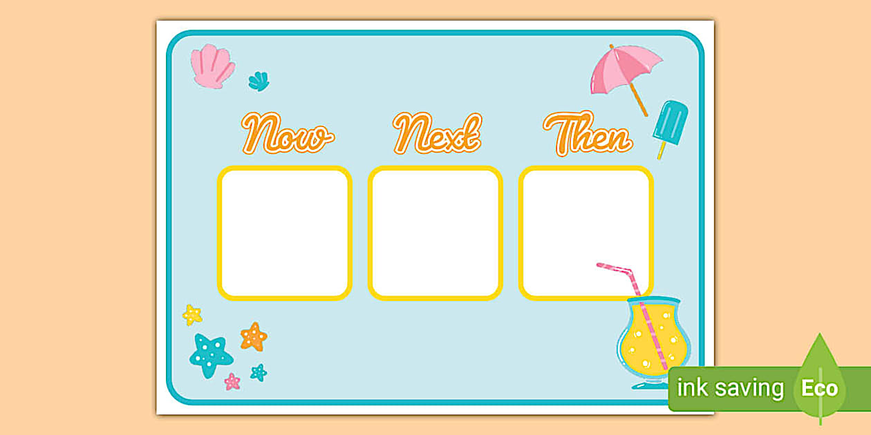 Summer Vibes Themed Now, Next and Then Visual Aid - Twinkl