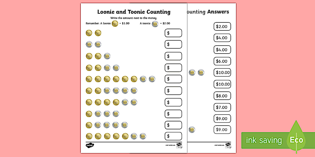 Black and White Loonie and Toonie Counting Money Worksheet