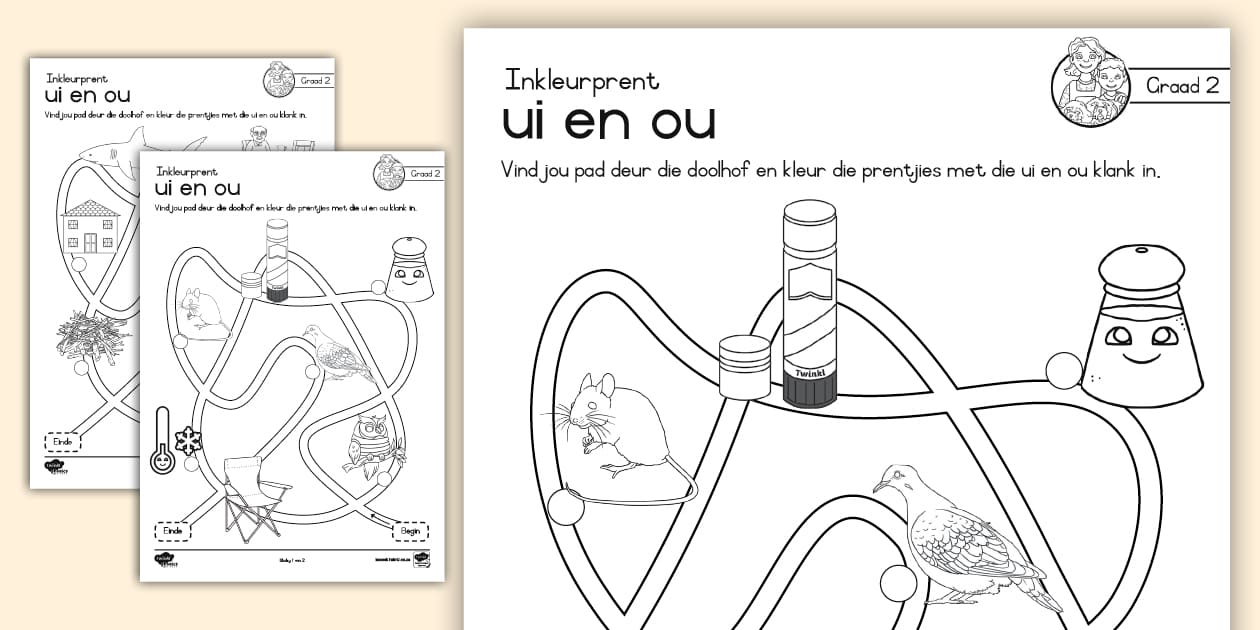 Graad 2 Klanke Inkleurprent ui en ou (Teacher-Made) - Twinkl