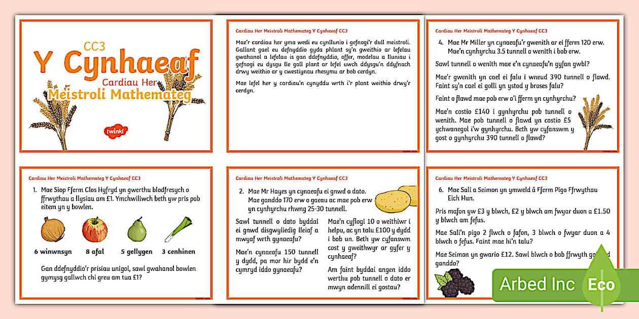 Cardiau Her Mathemateg Thema'r Cynhaeaf CC3