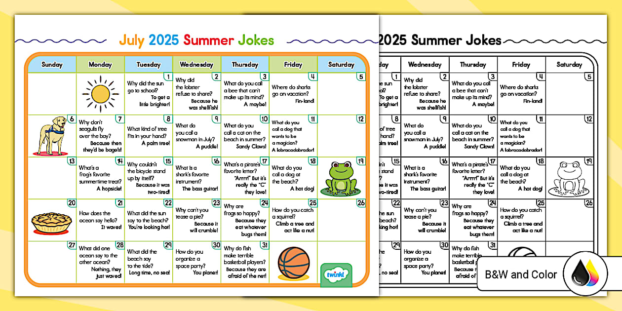 July 2025 Summer Jokes Calendar (Teacher-Made) - Twinkl