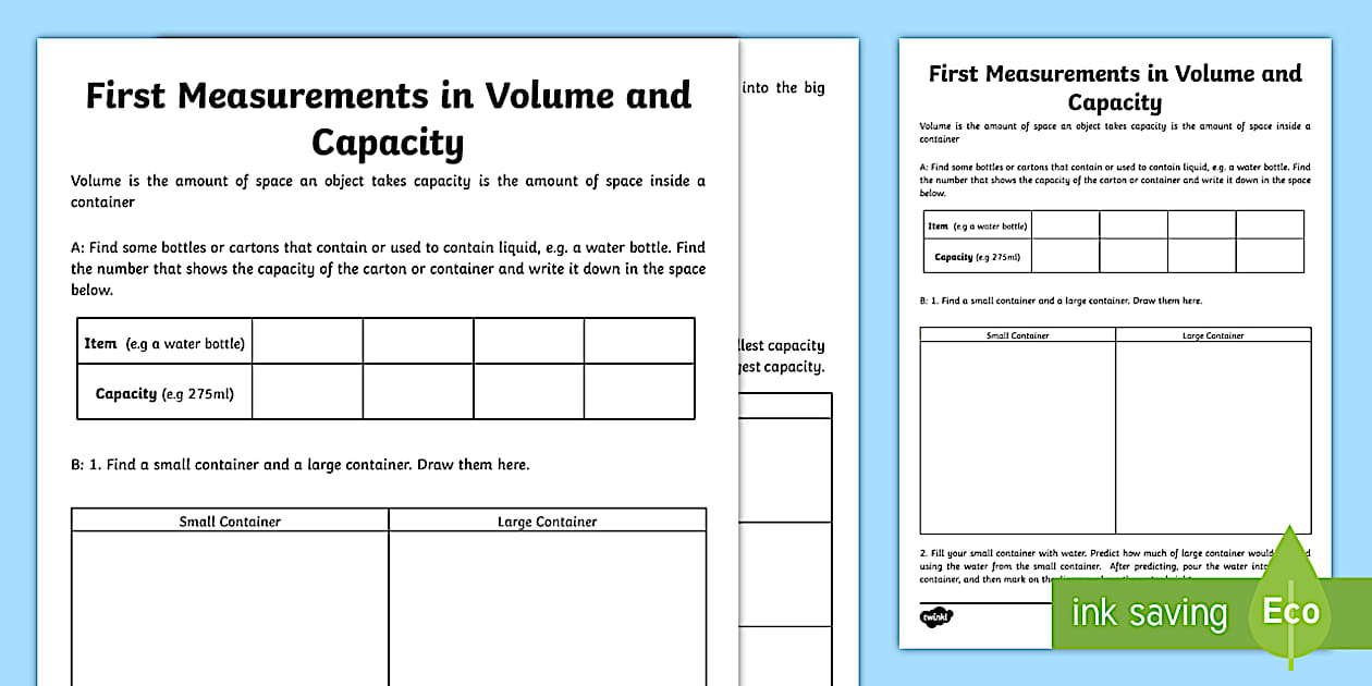 First Measurements in Volume and Capacity Worksheet / Worksheet