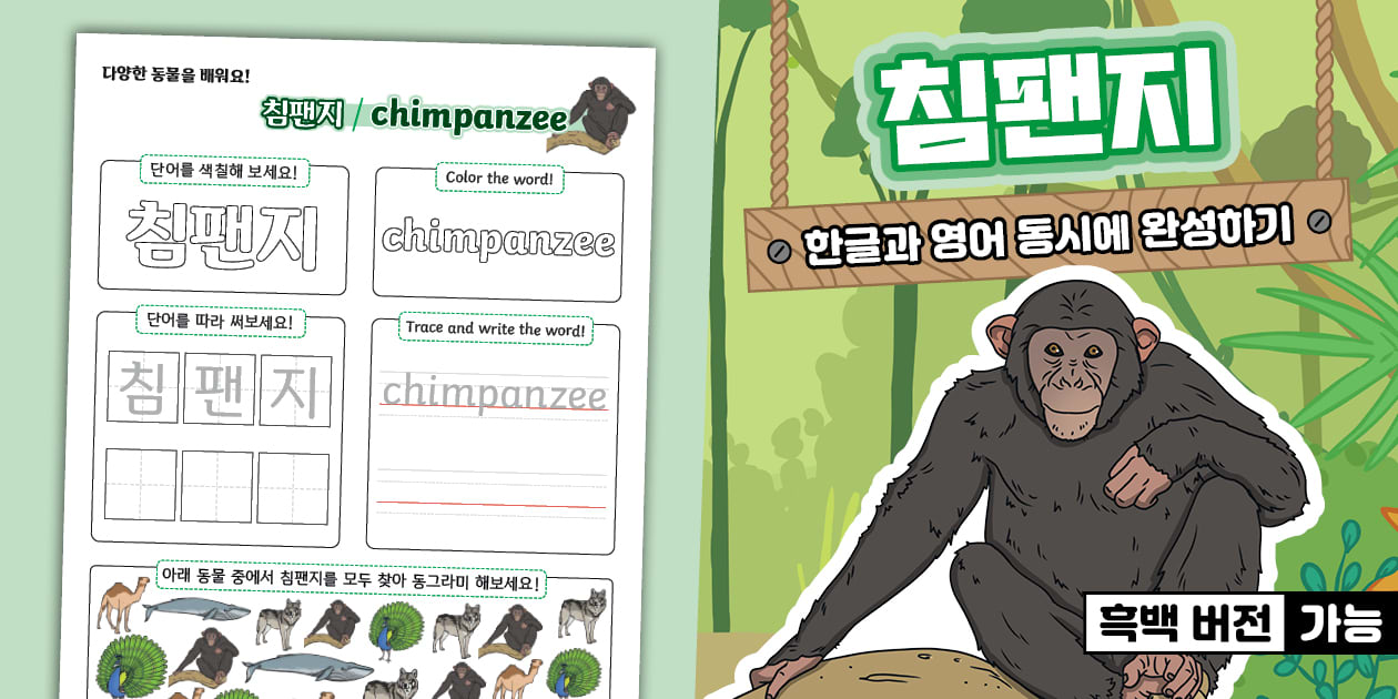 한글과 영어 동시에 완성하기 | 동물 | 침팬지 | Animal Chimpanzee Tracing Activity (Korean