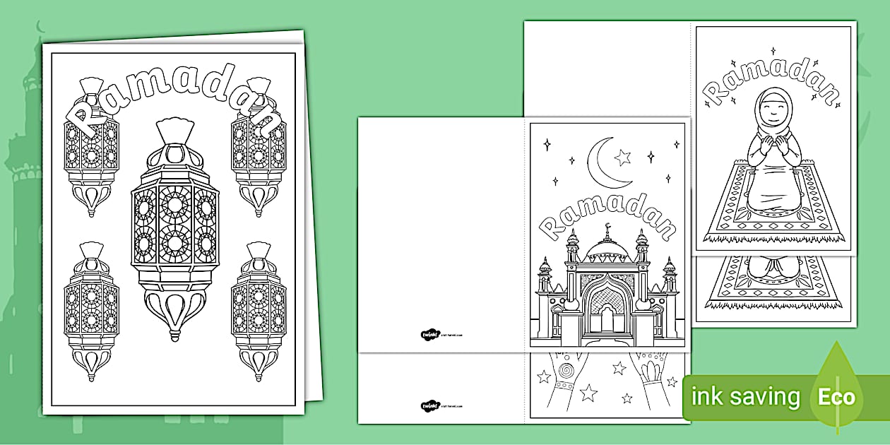 Cursive Ramadan Colouring Cards - Twinkl