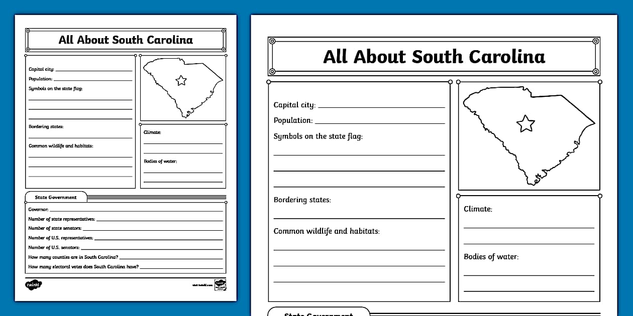 All About South Carolina Research Worksheet for 3rd-5th