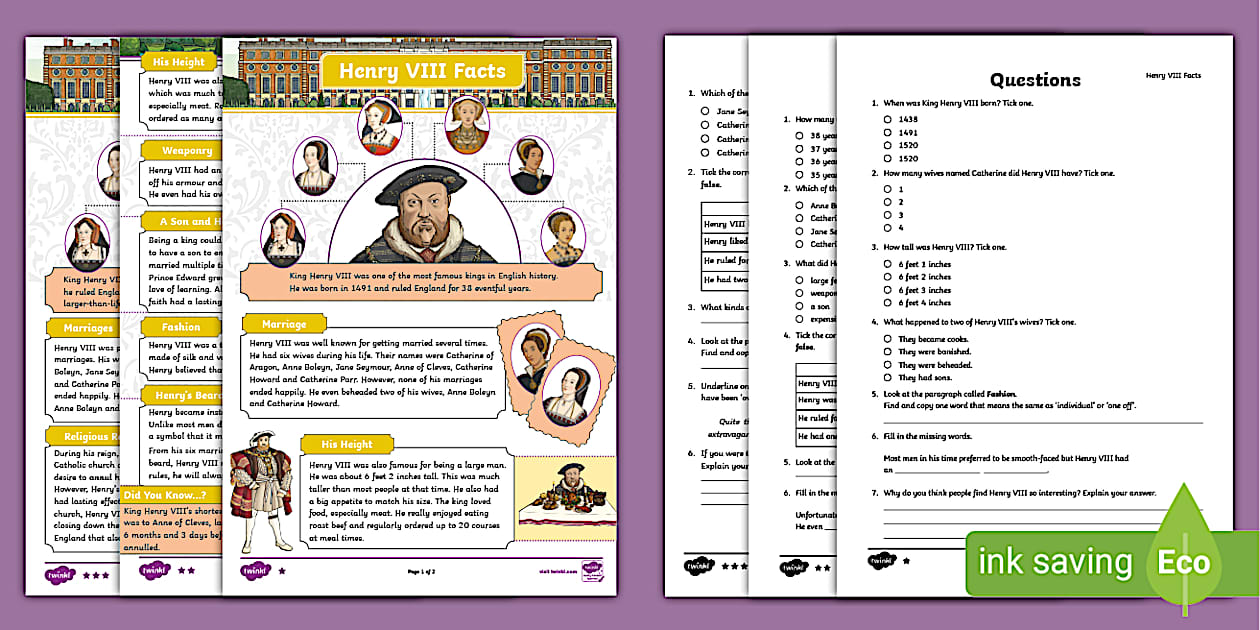 LKS2 Henry VIII Facts Differentiated Comprehension Activity
